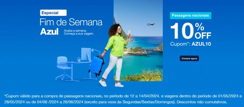 Voe Azul: 10% OFF em passagens nacionais